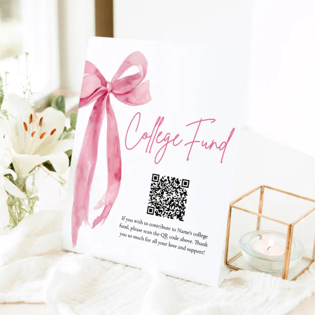 Modern Pink Bow QR Code College Fund Graduation Pedestal Sign | Zazzle