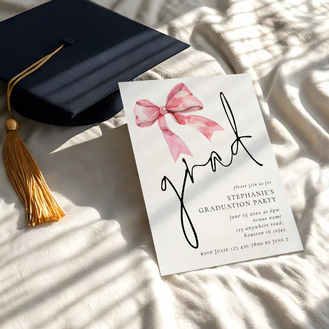 Modern Pink Bow Script Grad Graduation Invitation | Zazzle