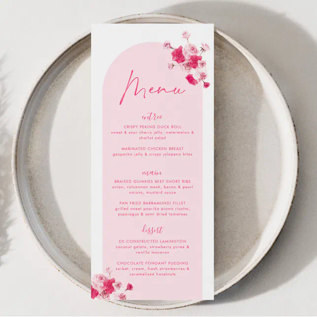 Modern Pink Bright Floral Bridal Shower Roses Menu | Zazzle