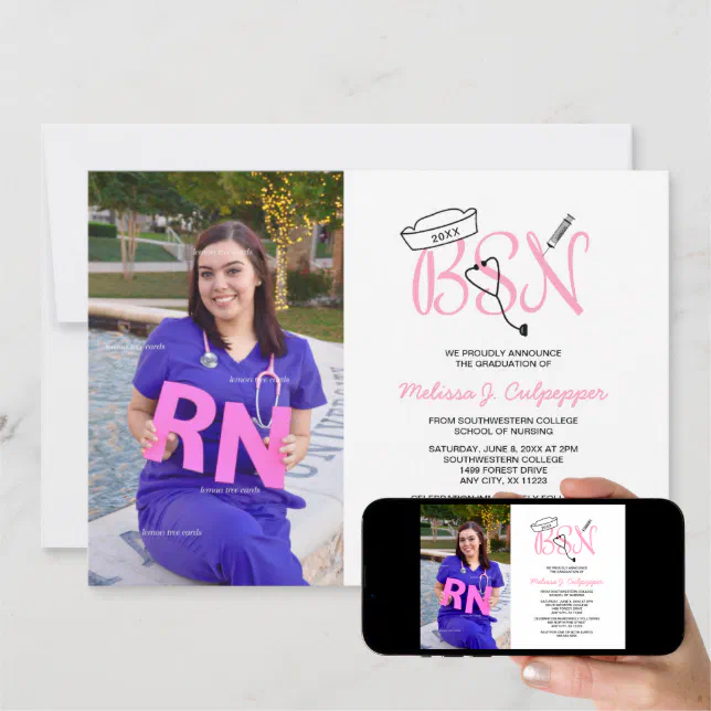 Modern Pink BSN nurse graduation Invitation | Zazzle