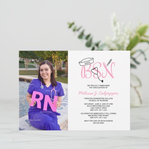 Modern Pink BSN nurse graduation Invitation | Zazzle