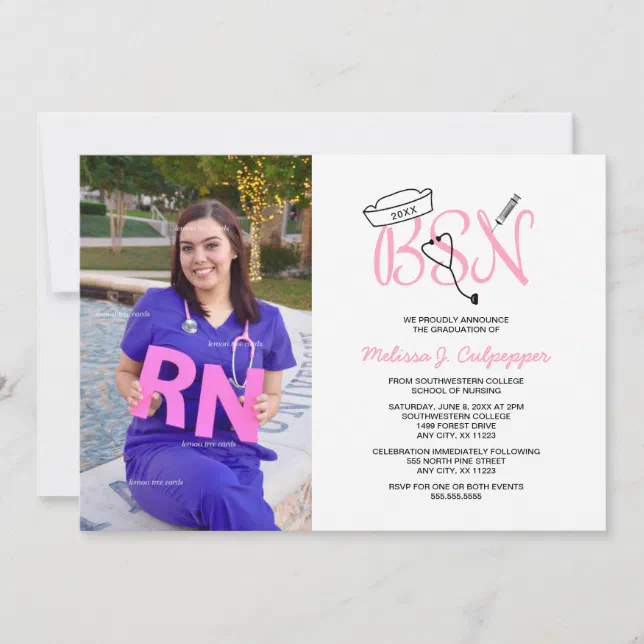 Modern Pink BSN nurse graduation Invitation | Zazzle