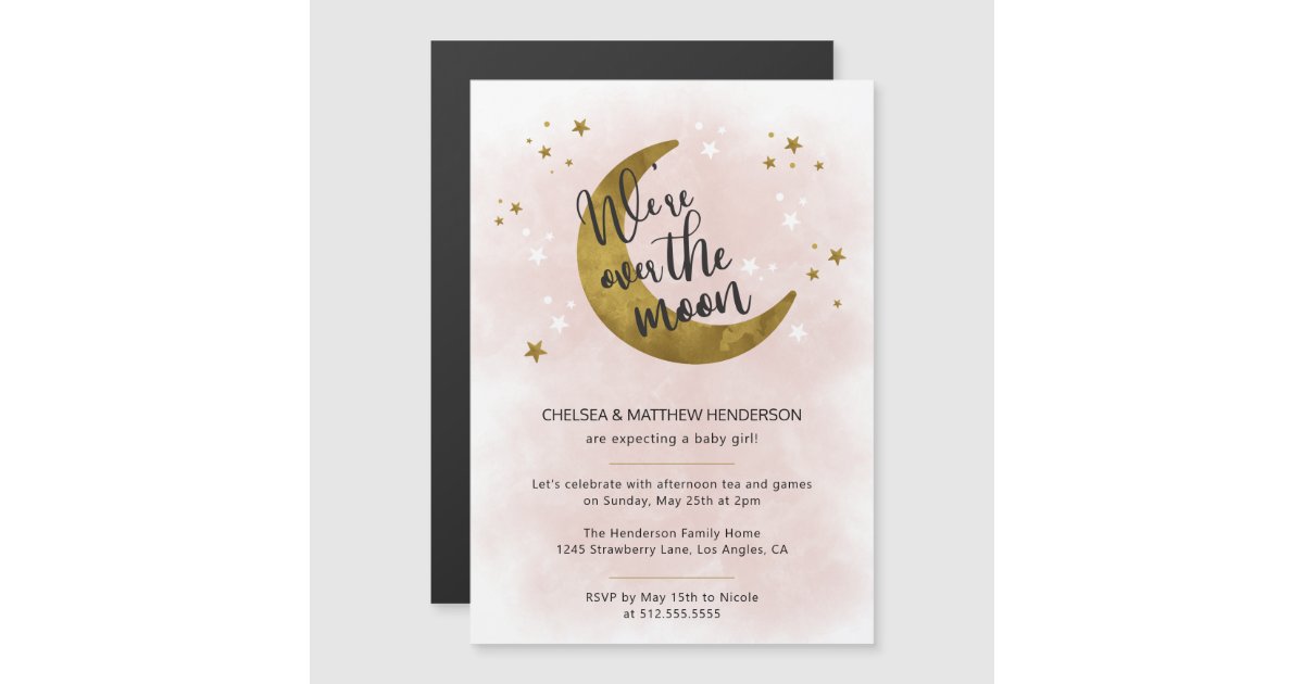 Modern Pink Calligraphy Over The Moon Baby Shower Magnetic Invitation ...