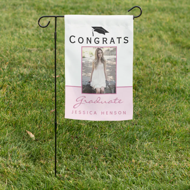 Modern Pink Congrats Graduate Graduation Photo Garden Flag | Zazzle