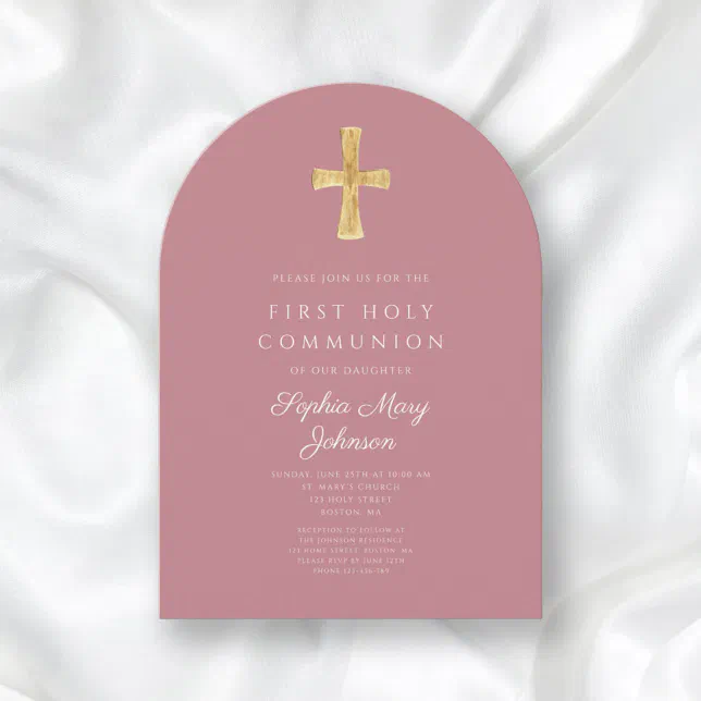 Modern Pink Cross Girl First Communion Arch Invitation | Zazzle