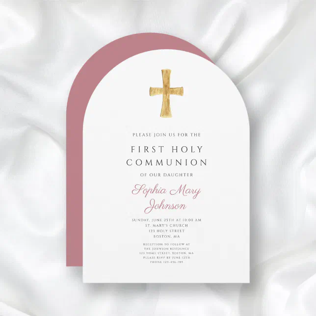 Modern Pink Cross Girl Holy Communion Arch Invitation | Zazzle