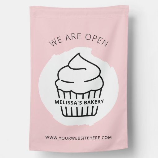 Modern Pink Cupcake We Are Open Bakery Sign Flag | Zazzle