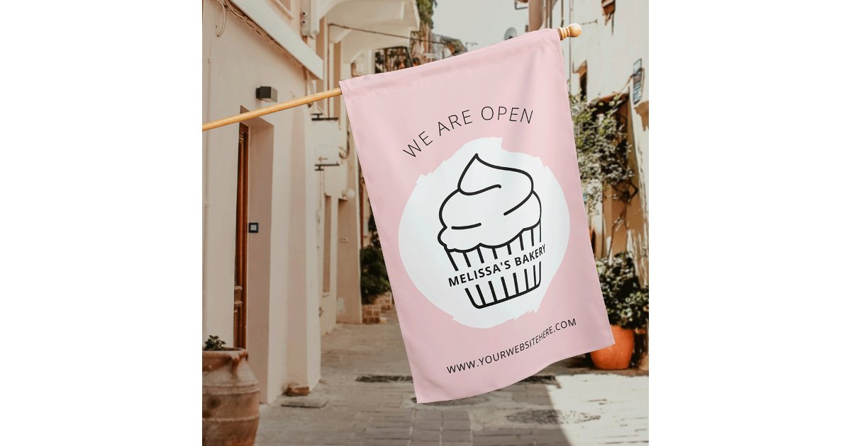 Modern Pink Cupcake We Are Open Bakery Sign Flag | Zazzle