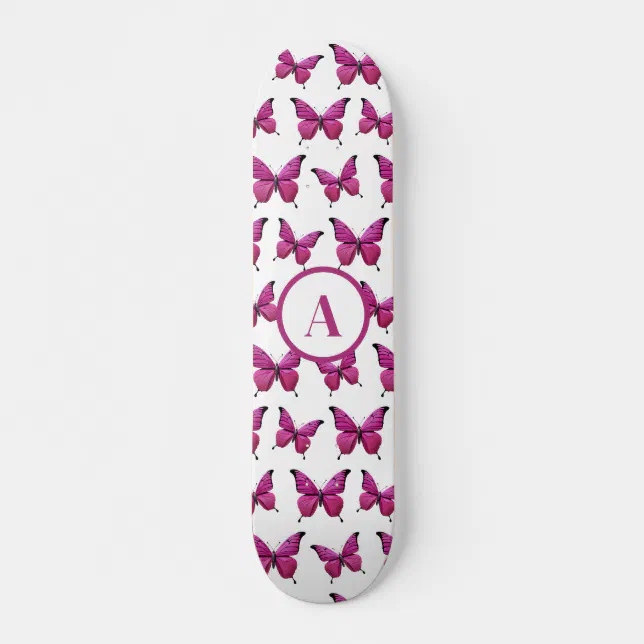 Modern Pink Cute Butterfly Pattern Monogram Skateboard | Zazzle