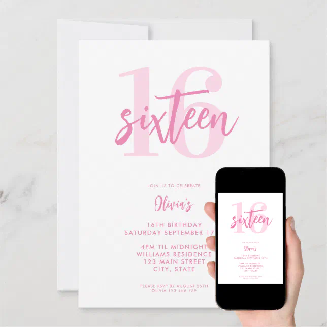 Modern Pink Elegant 16th Birthday Invitation | Zazzle