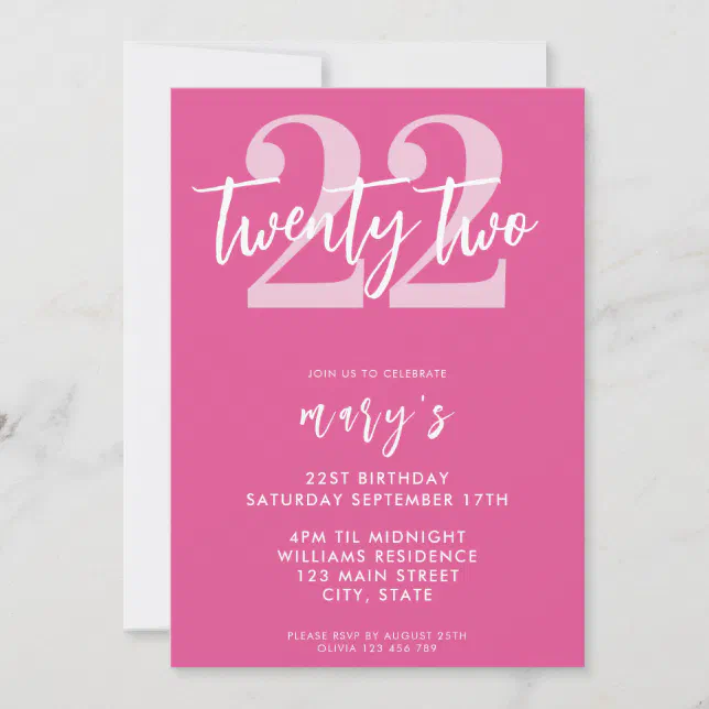 Modern pink elegant 22nd birthday invitation | Zazzle