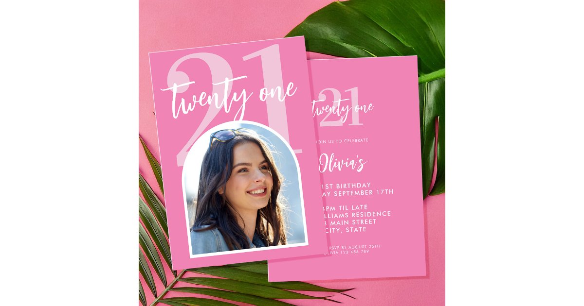 Modern Pink Elegant Photo 21st Birthday Invitation | Zazzle