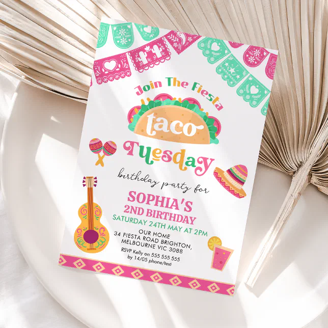 Modern Pink Fiesta Taco Tuesday 2nd Birthday Invitation | Zazzle
