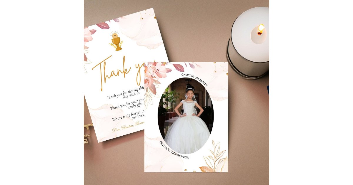 Modern pink first holy communion thank you card | Zazzle