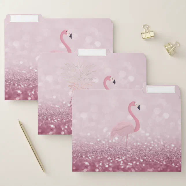 Modern Pink Flamingo, Pineapple Glitter Bokeh File Folder | Zazzle