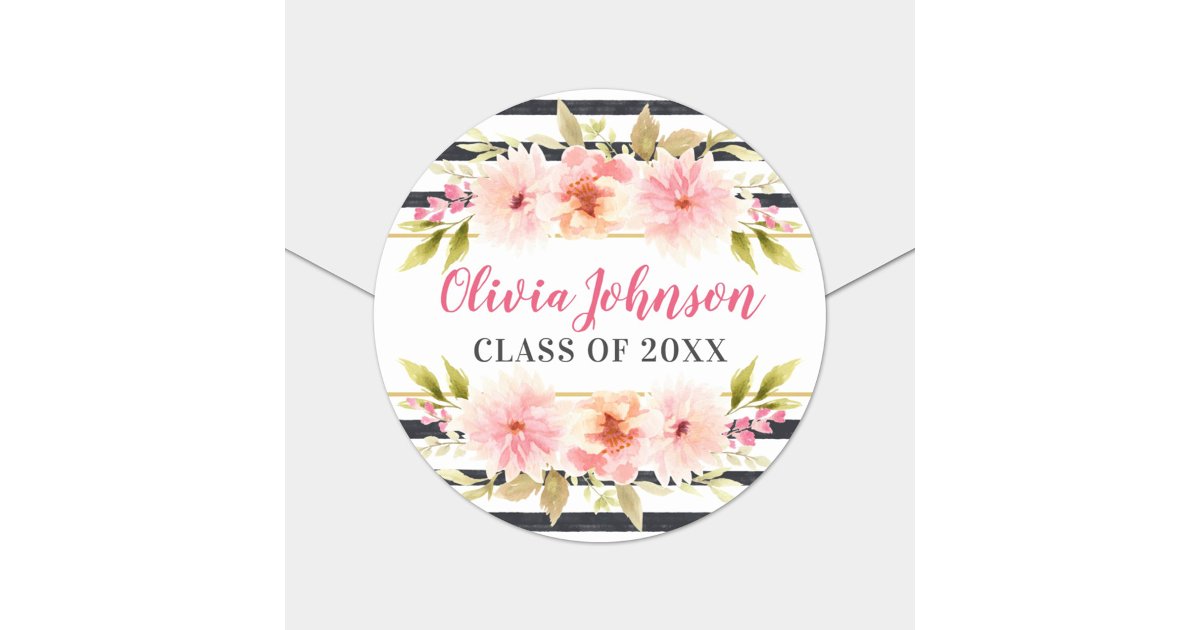 Modern Pink Floral Black Stripes Custom Graduation Classic Round ...