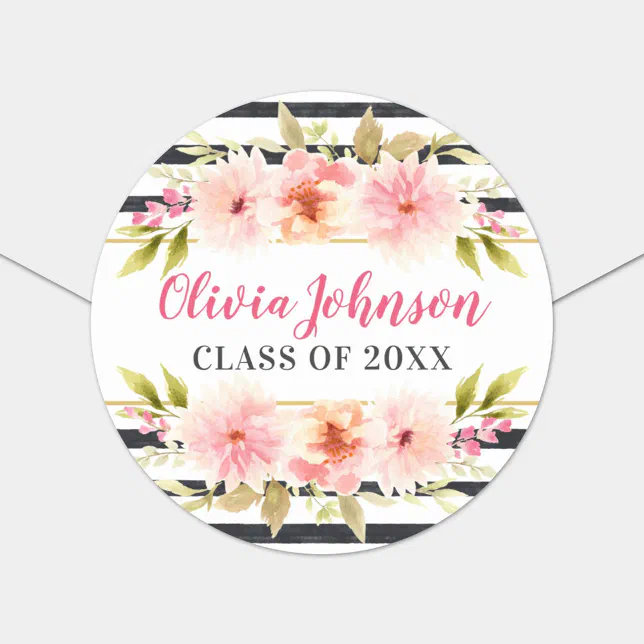 Modern Pink Floral Black Stripes Custom Graduation Classic Round ...