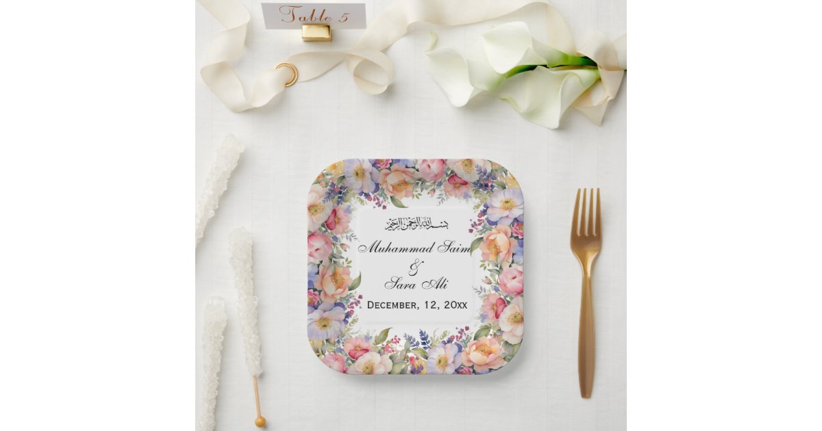 Modern Pink Floral Nikah Muslim Invitation Paper Plates | Zazzle
