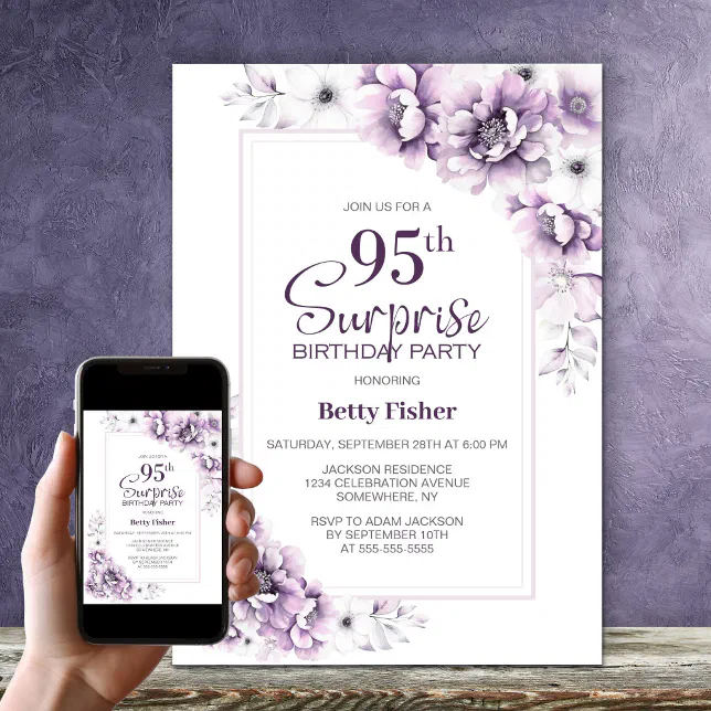 Modern Pink Floral Surprise 95th Birthday Party Invitation | Zazzle