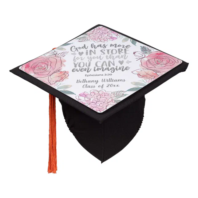 Modern Pink Floral Watercolor White Bible Verse Graduation Cap Topper ...