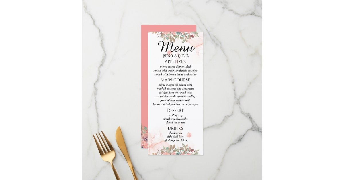 Modern pink floral wedding menu | Zazzle
