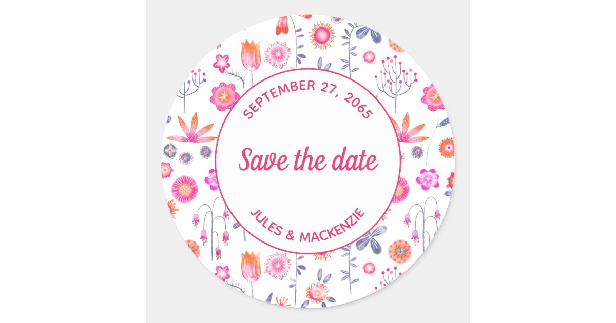 Modern Pink Flower Garden Boho Save the Date Classic Round Sticker | Zazzle