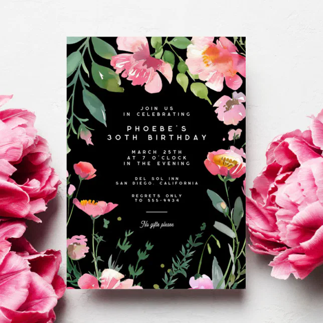 Modern Pink Flowers Black Garden Birthday Party Invitation | Zazzle