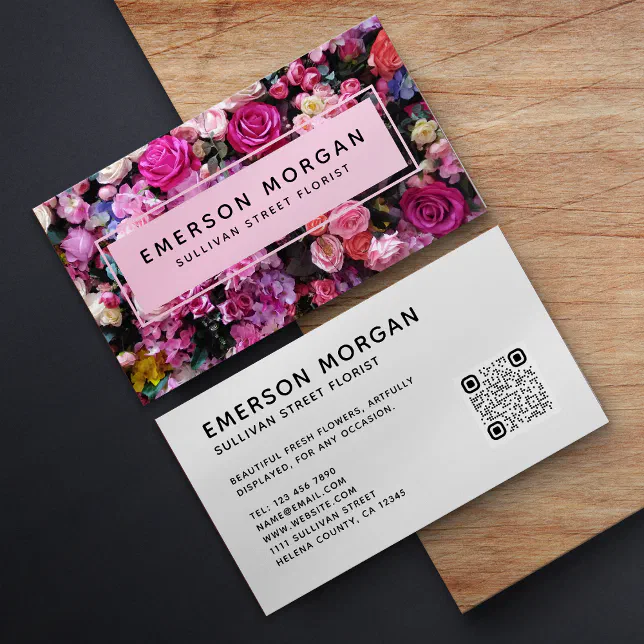 Modern Pink Flowers QR Code Florist Business Card | Zazzle