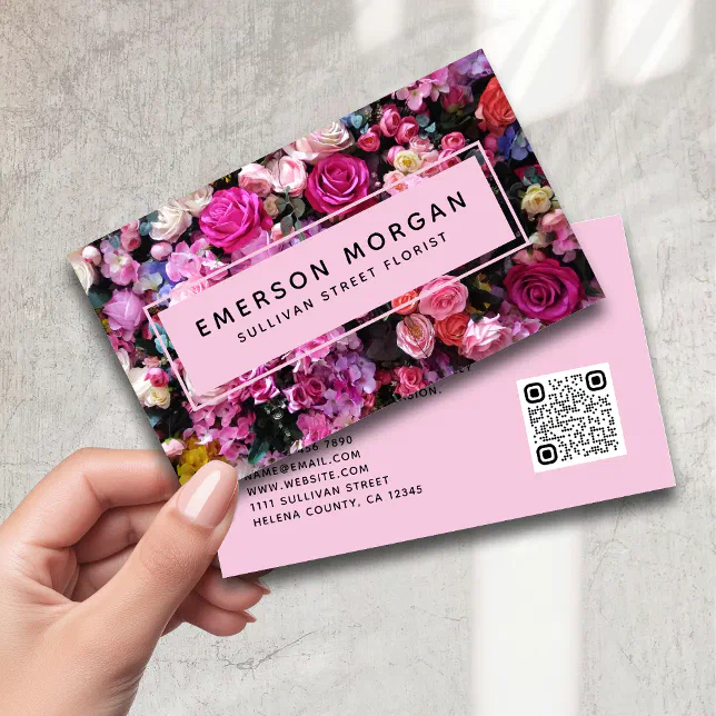 Modern Pink Flowers QR Code Florist Business Card | Zazzle