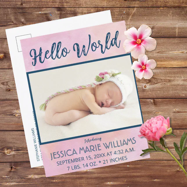Modern Pink Girl Baby Announcement Photo Postcard | Zazzle