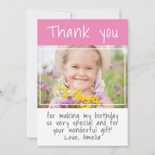 Modern Pink Girl Custom Photo Birthday Thank You Card | Zazzle