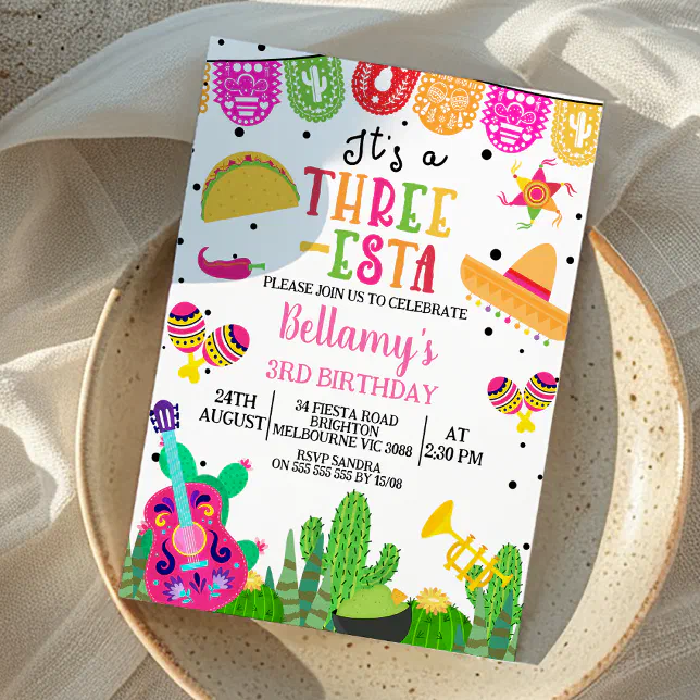 Modern Pink Girls Three-esta Fiesta 3rd Birthday Invitation | Zazzle