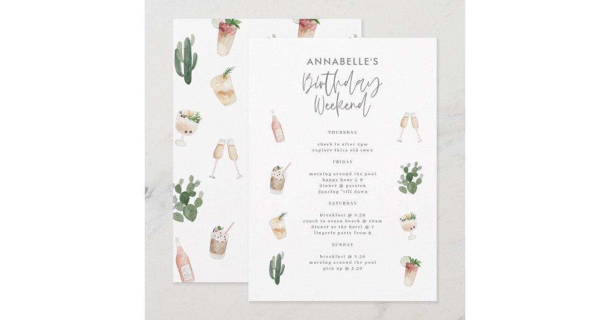 Modern pink girly birthday weekend itinerary invitation | Zazzle