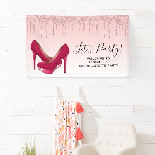 Modern Pink Glitter Drips & High Heels Banner | Zazzle
