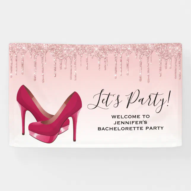 Modern Pink Glitter Drips & High Heels Banner | Zazzle