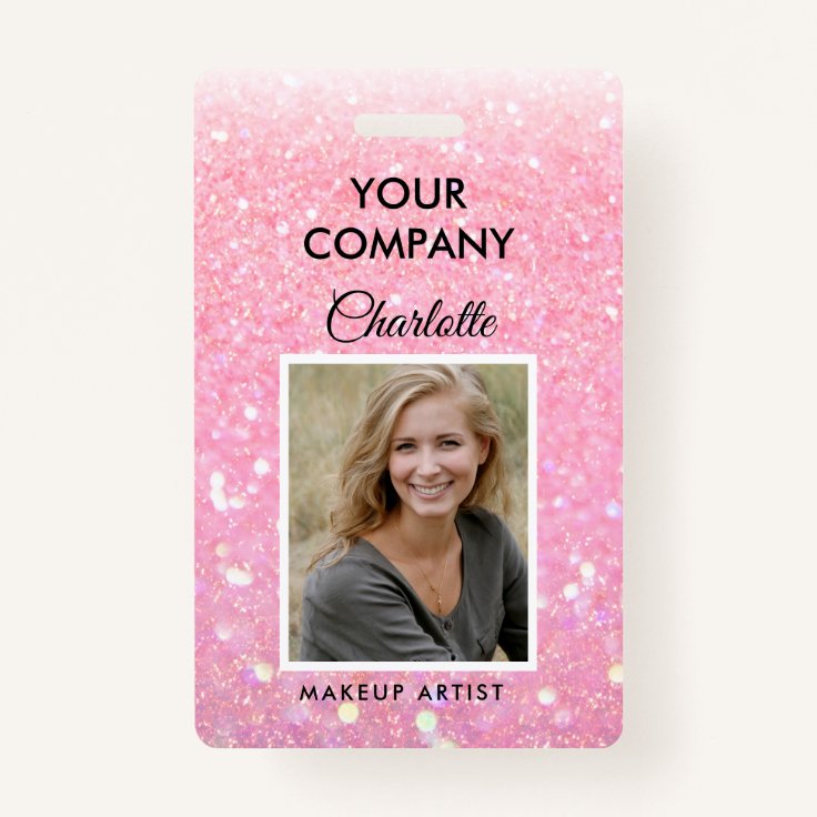 Modern Pink Glitter Employee Photo ID Badge | Zazzle