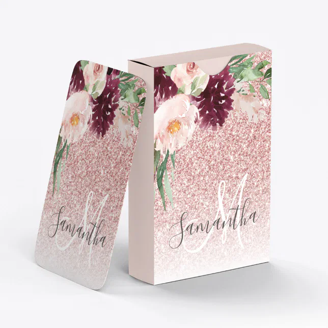 Modern Pink Glitter & Flower Sparkle With Name Poker Cards | Zazzle