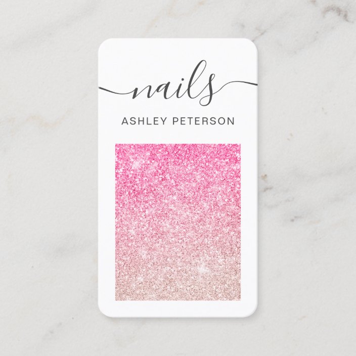 Modern pink glitter ombre nails technician script business card ...