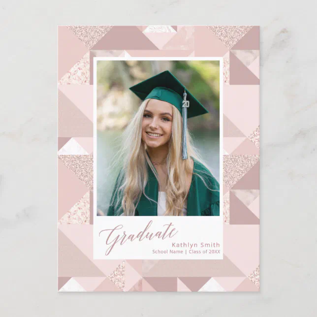 Modern Pink Glitter Photo Graduation Announcement Postcard | Zazzle