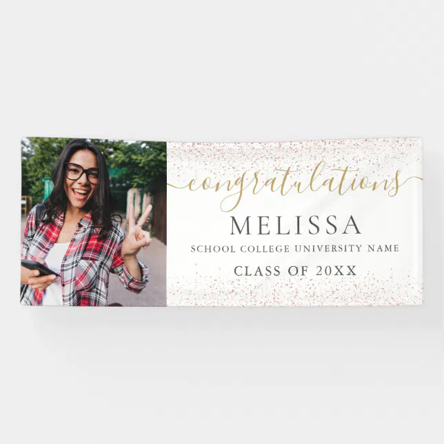 Modern Pink Glitter Sparkles Photo Graduation Banner | Zazzle