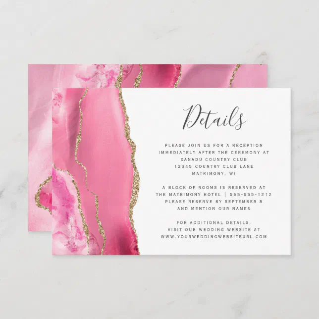 Modern Pink Gold Agate Wedding Details Enclosure Card | Zazzle