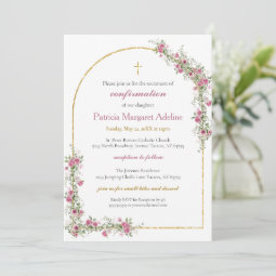 Modern Pink Gold Cross & Arch Confirmation Invitation | Zazzle