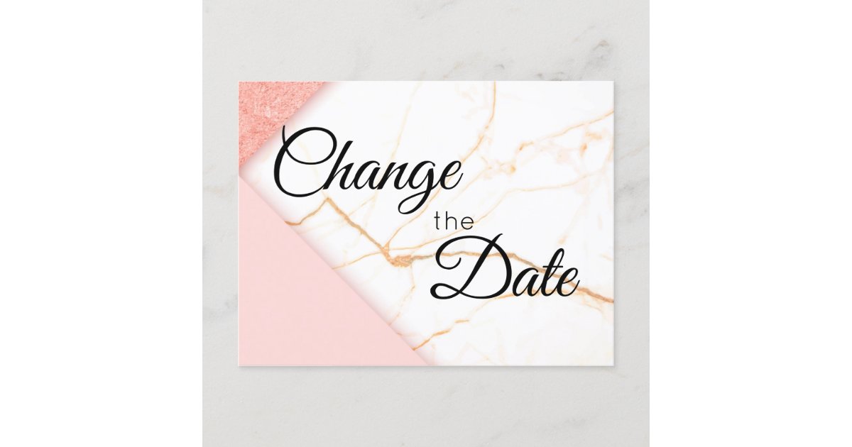 Modern Pink Gold Glitter Marble Change the Date Postcard | Zazzle