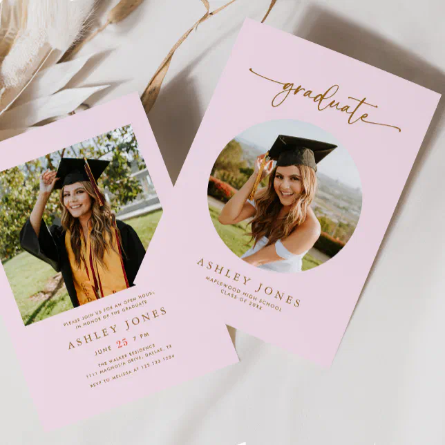 Modern Pink & Gold Photo Girl Graduation Invitation | Zazzle