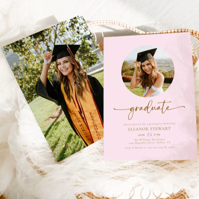 Modern Pink & Gold Photo Graduate Graduation Party Invitation | Zazzle
