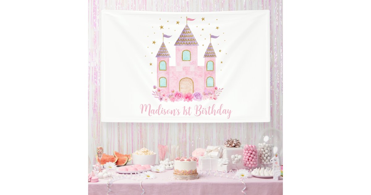 Modern Pink Gold Princess Castle Birthday Banner | Zazzle