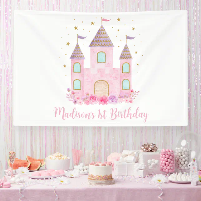 Modern Pink Gold Princess Castle Birthday Banner | Zazzle