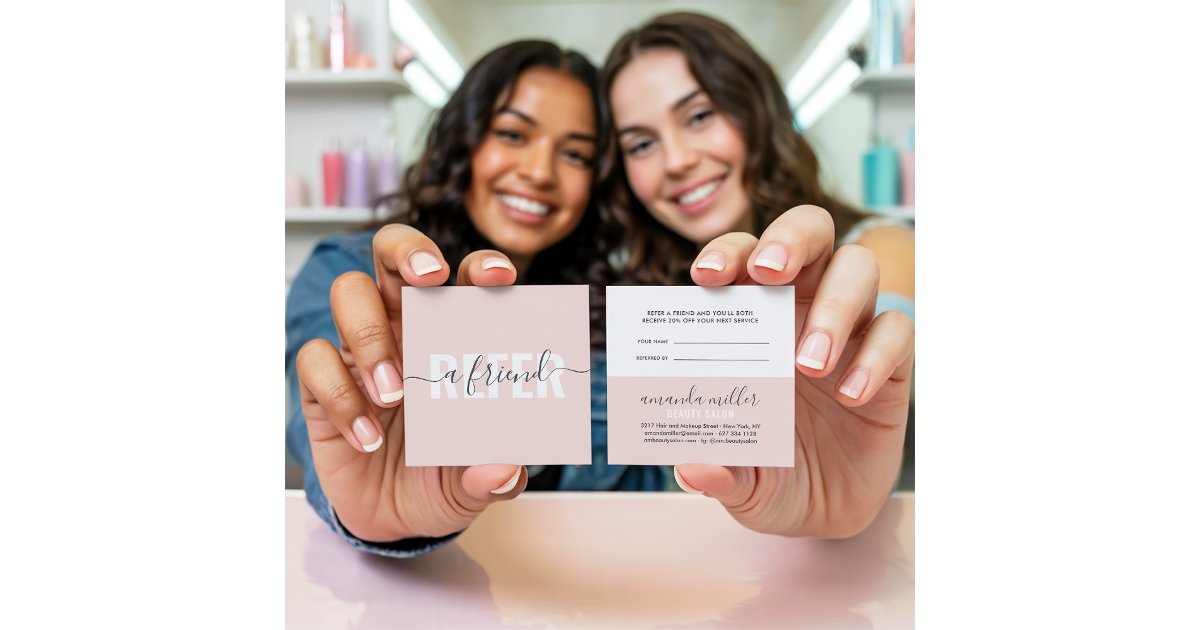 Modern pink gray refer a friend script signature referral card | Zazzle