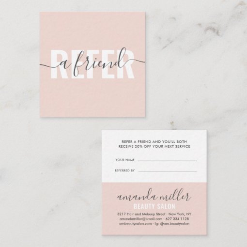 Modern pink gray refer a friend script signature referral card | Zazzle
