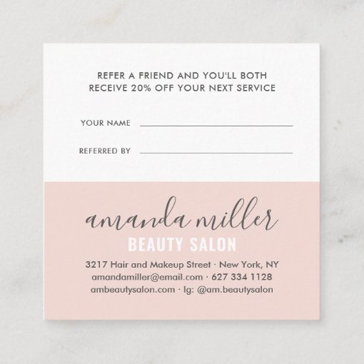 Modern pink gray refer a friend script signature referral card | Zazzle
